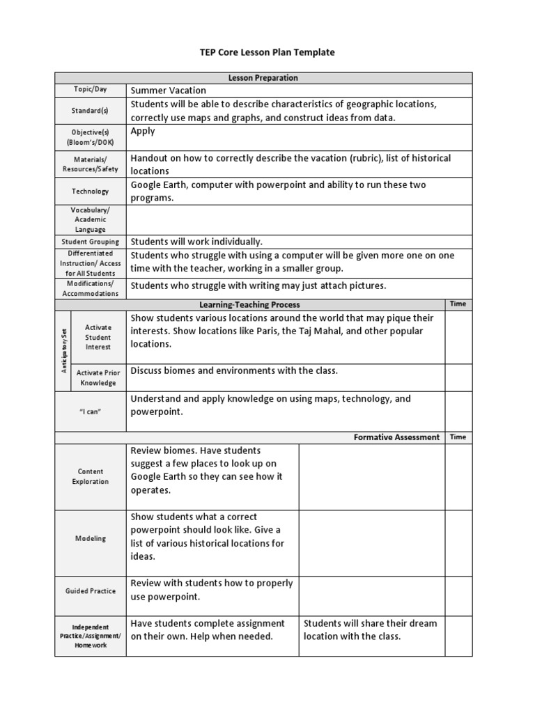 TEP Core Lesson Plan Template | PDF | Teachers | Lesson Plan