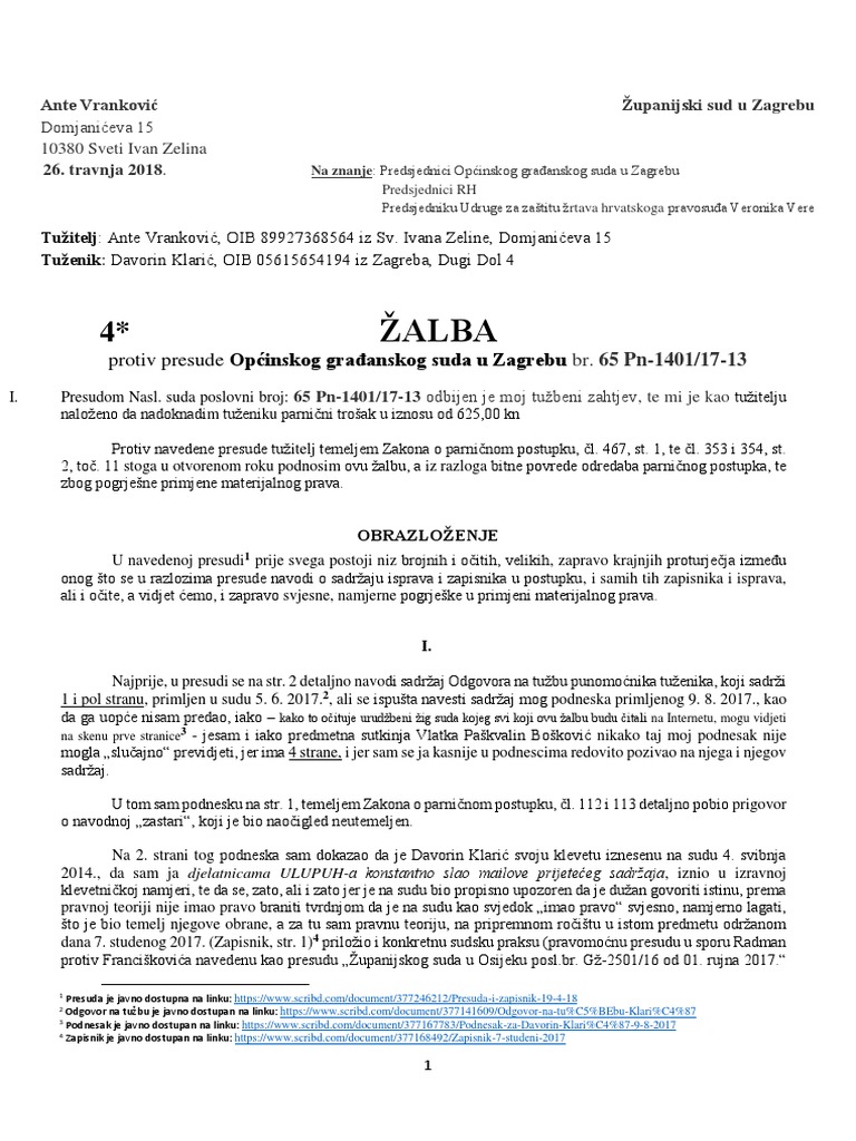 Žalba Davor Klarić - 26 4 2018 | PDF