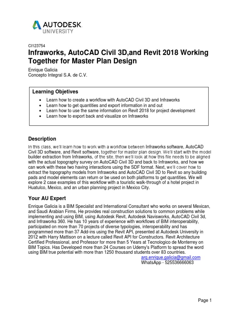 Class Handout CI123754 InfraWorks AutoCAD Civil 3D and Revit 2018 Working Together For Master ...