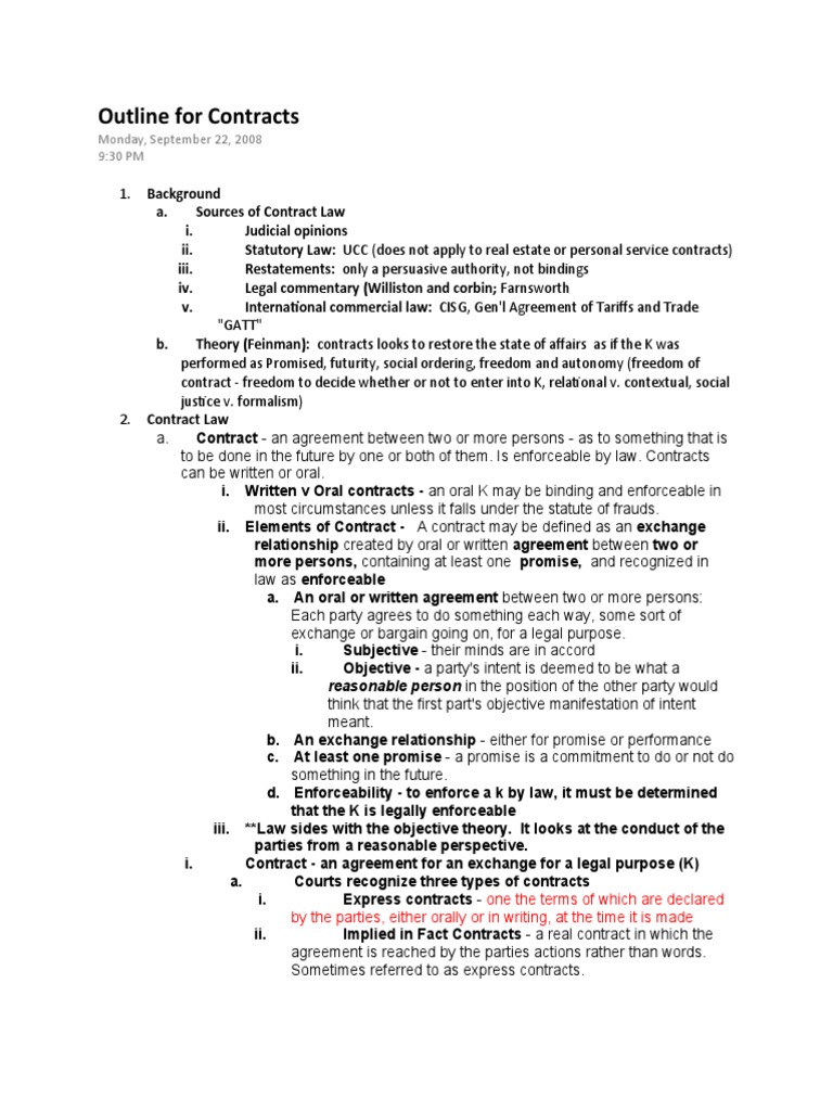 Outline For Contracts | PDF | Offer And Acceptance | Consideration