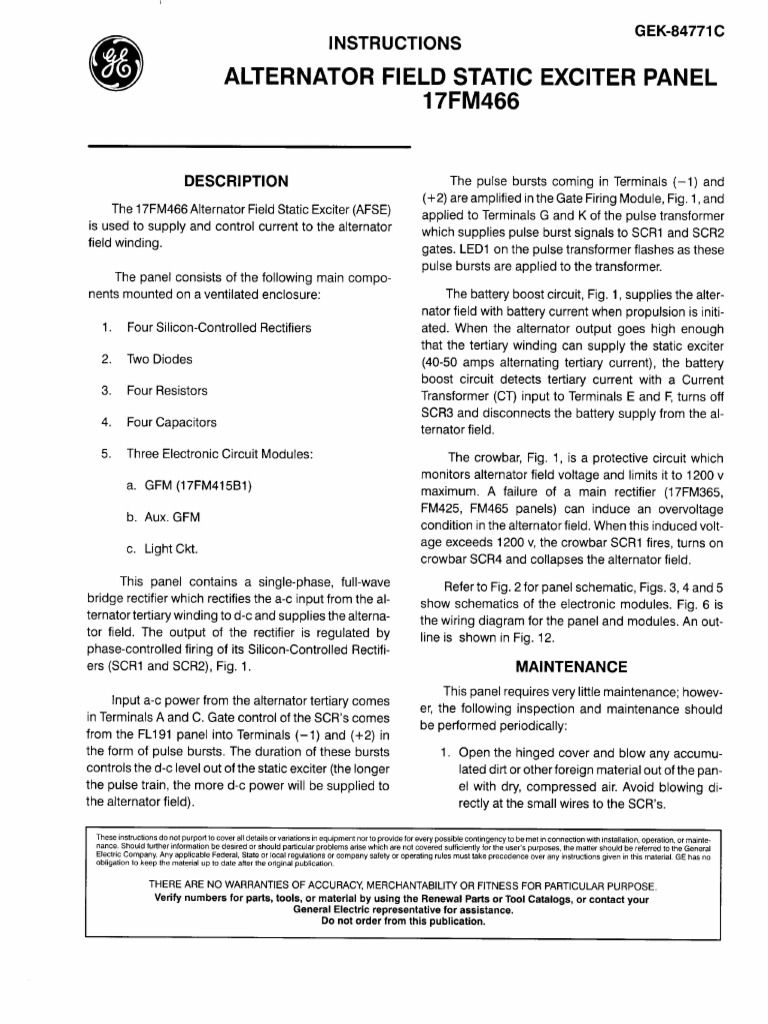 50 GEK - 84771C Alternator Field Static Exciter Panel PDF | PDF