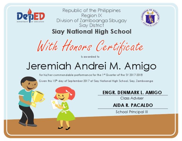 SNHS With Honors Certificate | PDF