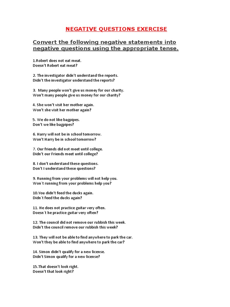 Negative Questions Exercise Worksheet | PDF | Language Arts ...