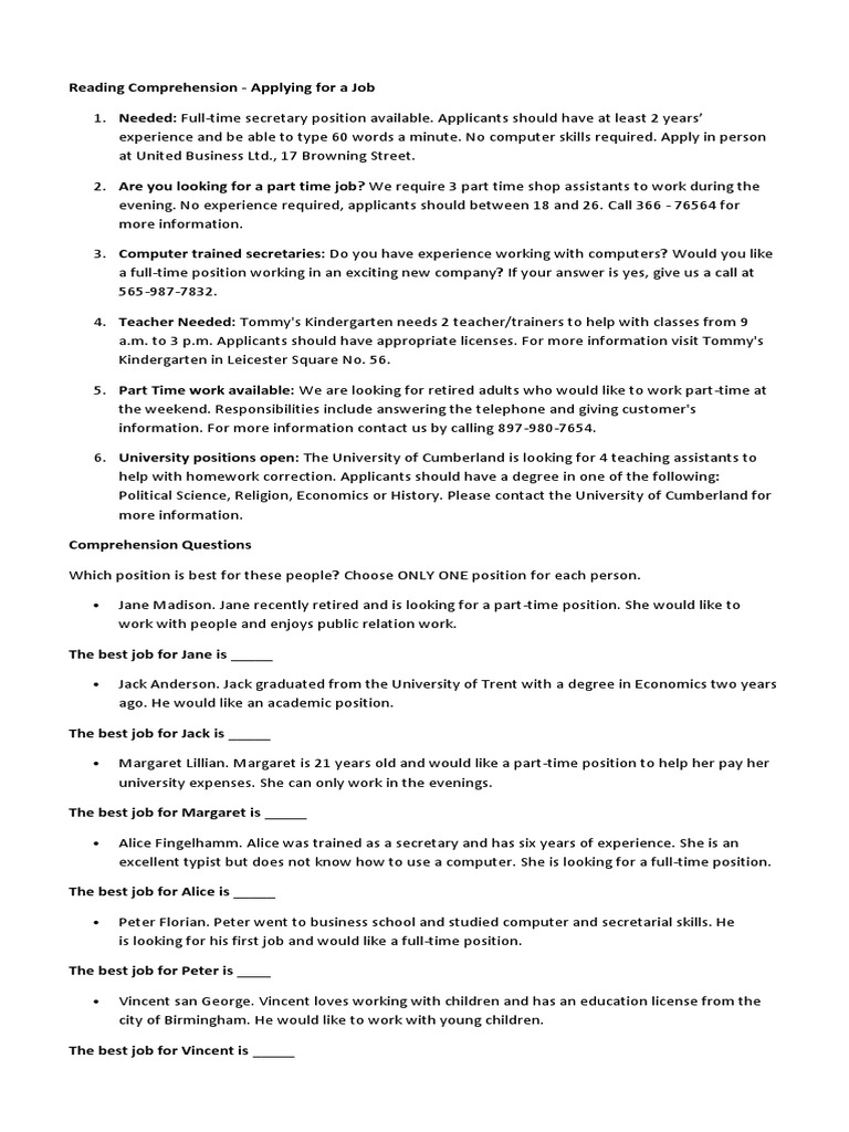 To Test Your Job Post Comprehension | PDF | Reading Comprehension ...