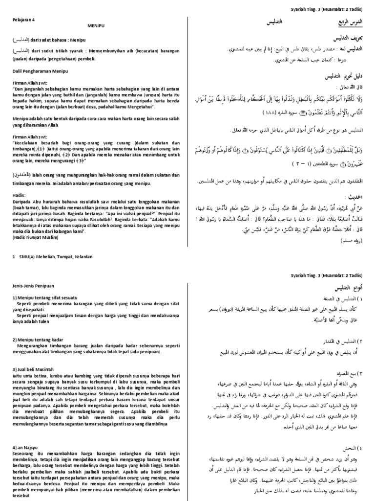 Penipuan dalam Jual Beli: Tadlis | PDF