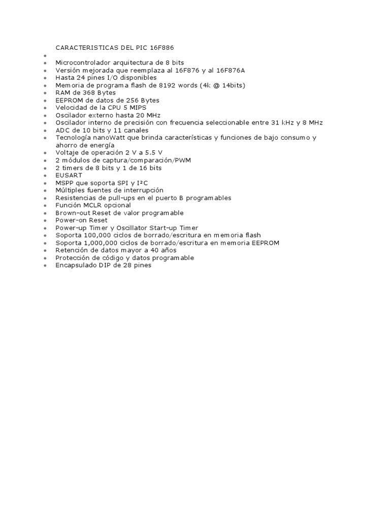 Características del PIC 16F886 | PDF