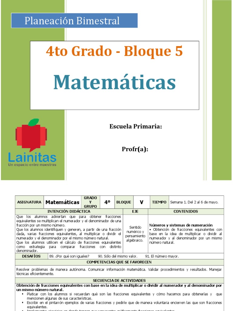 Planeación Matemáticas 4to Grado - Bloque 5 | PDF | Secuencia ...
