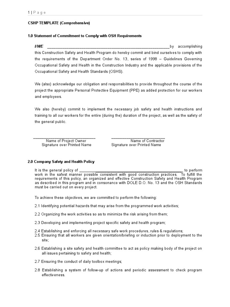CHSP Comprehensive Template by DOLE | Personal Protective Equipment ...