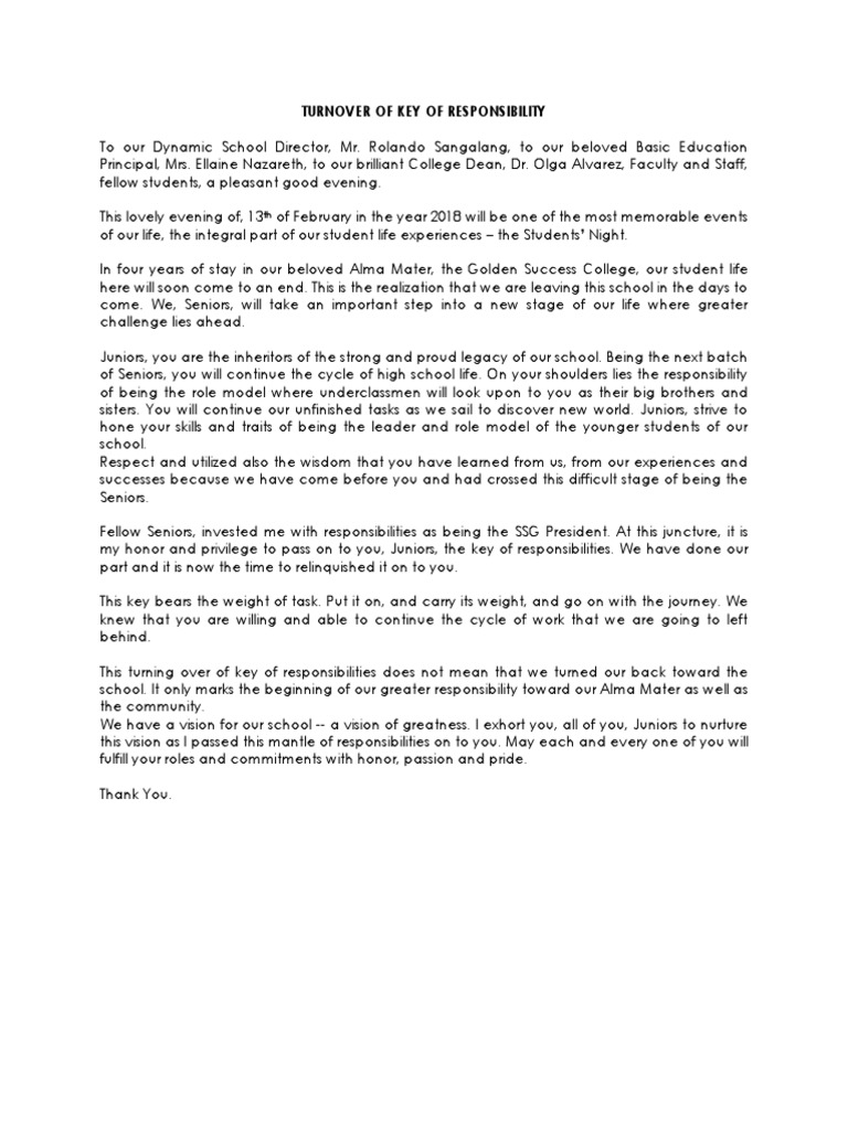 Turnover of Key of Responsibility | PDF