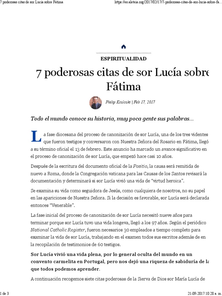 7 Poderosas Citas De Sor Lucía Sobre Fátima Pdf Pdf Oración Rosario