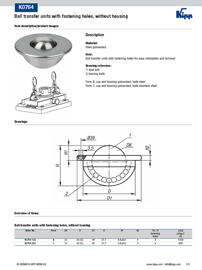 Ball Transfer Units With Fastening Holes, Without Housing: Description ...
