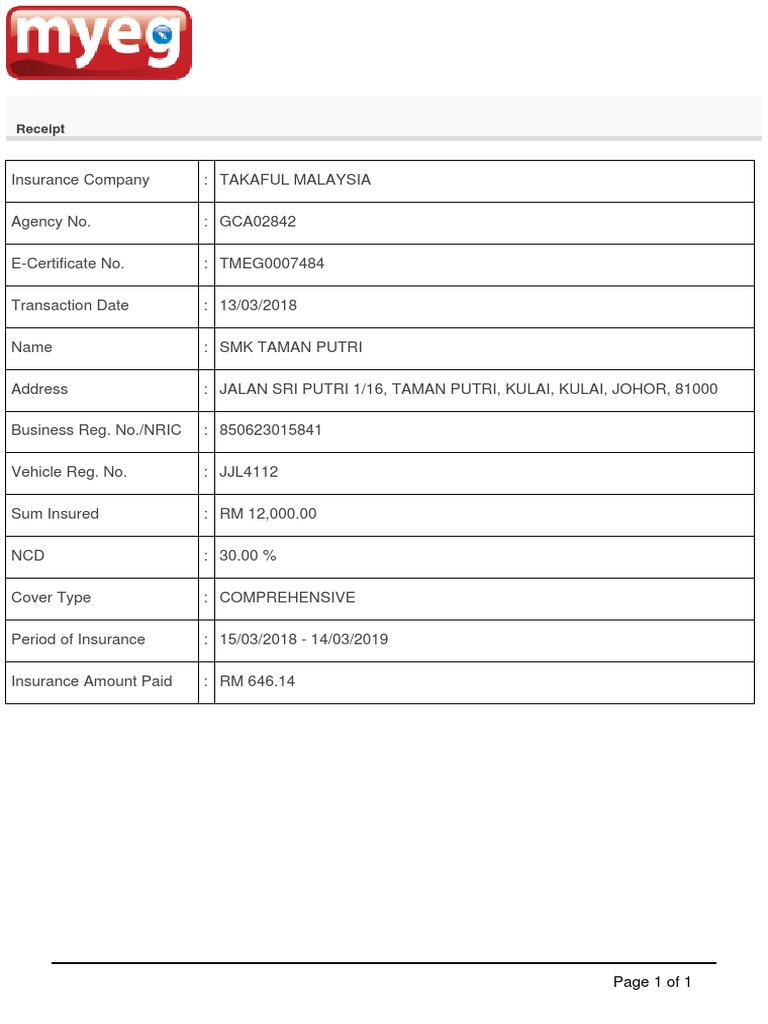 Insurance Receipt for SMK Taman Putri | PDF