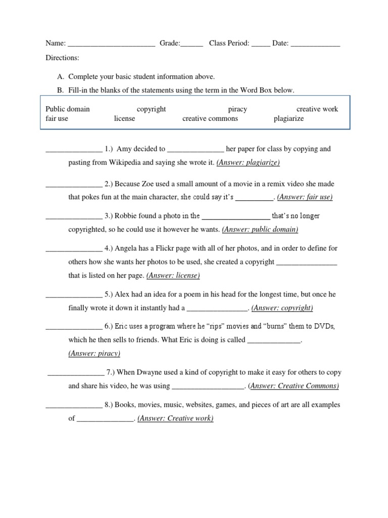 Copyright and Fair Use Worksheet | PDF | Creative Commons | Fair Use