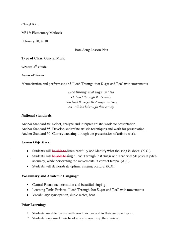 Rote Song Lesson Plan - Cheryl Kim | PDF | Singing | Lesson Plan