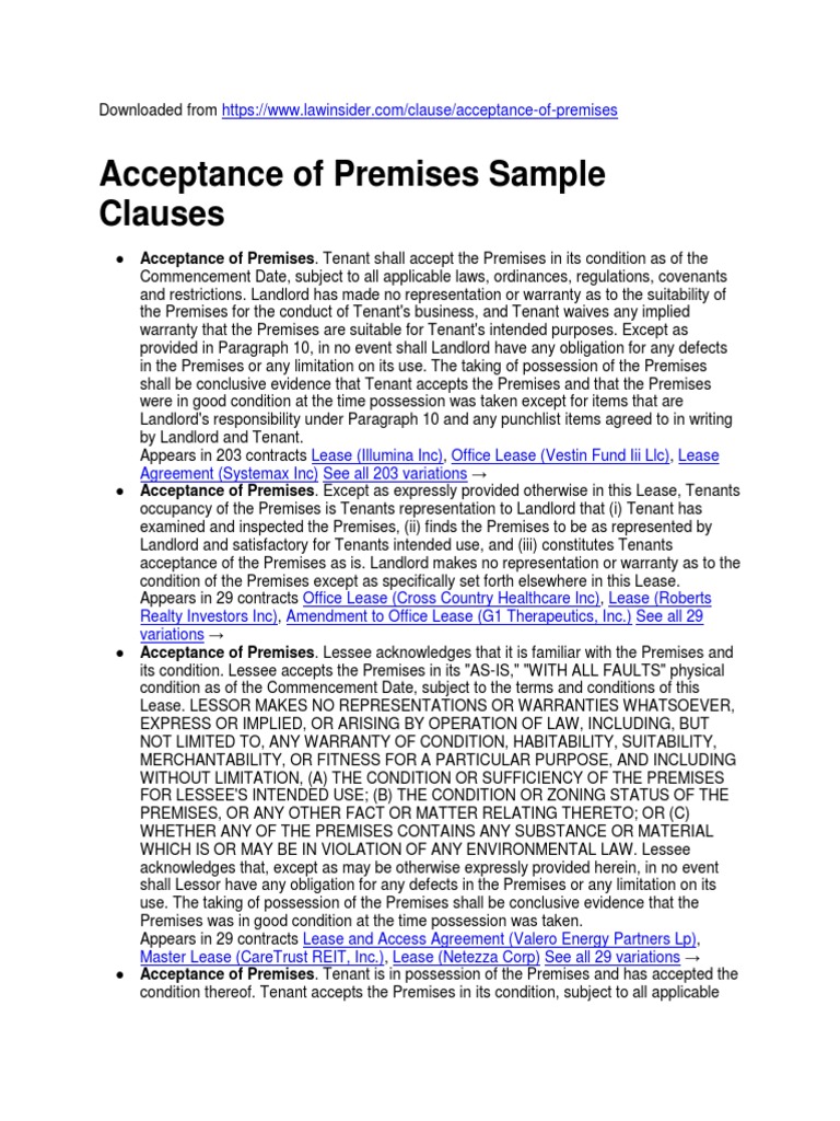 Acceptance of Premises Sample Clauses | PDF | Lease | Leasehold Estate