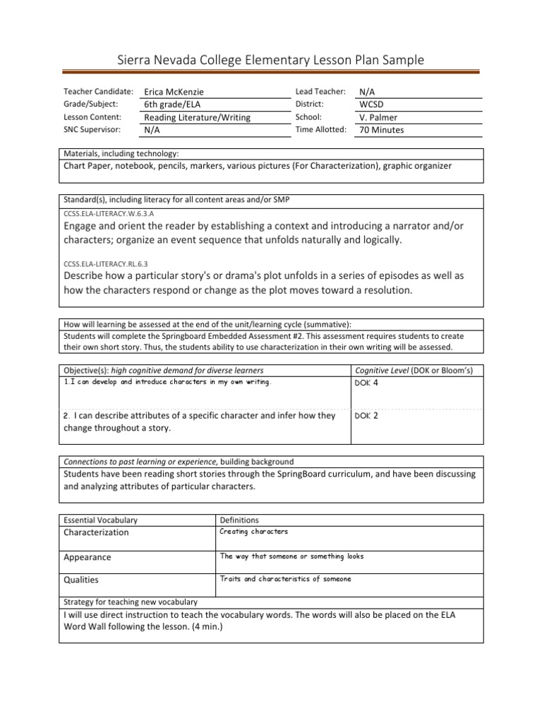 Sierra Nevada College Elementary Lesson Plan Sample: Ccss - Ela ...