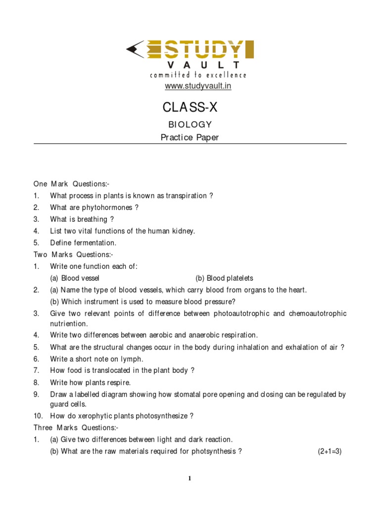 Assignment DPS BIO Practice Paper-01 Class-X 0110 | PDF | Blood | Kidney