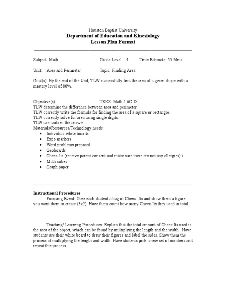 Math Lesson Plan | PDF | Area | Lesson Plan