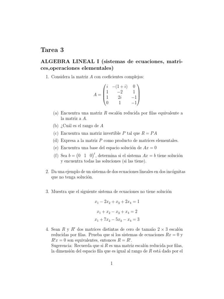 Tarea3 Alg Lineal1 | PDF | Matriz (Matemáticas) | Conceptos matemáticos