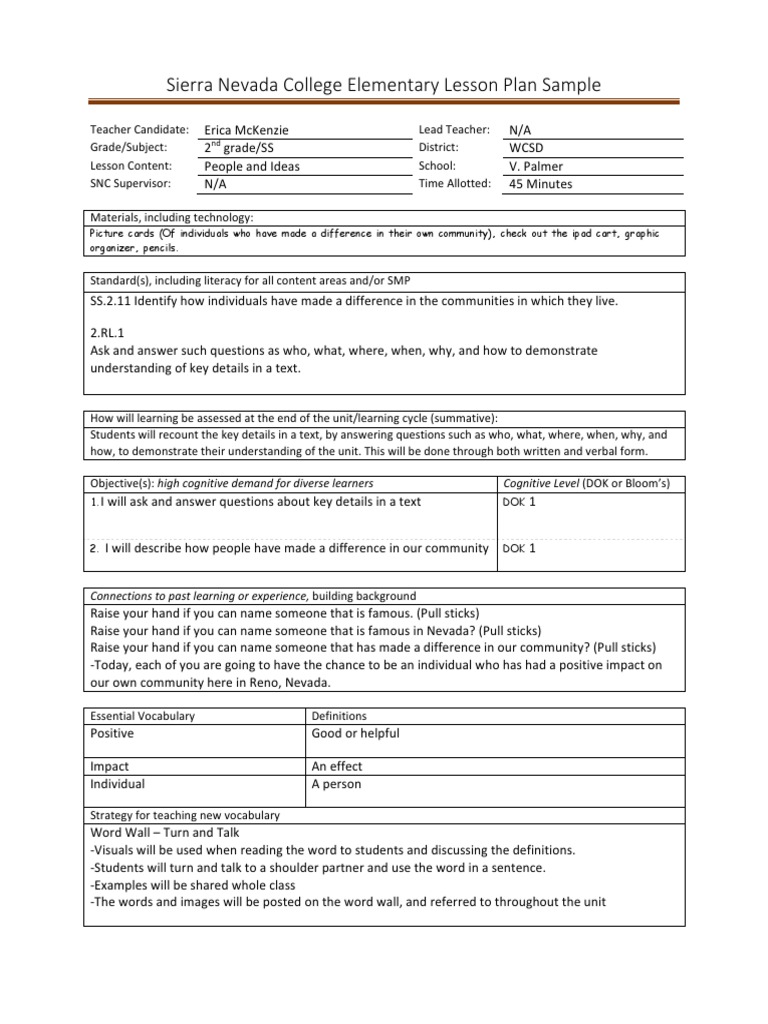 Sierra Nevada College Elementary Lesson Plan Sample | PDF | Lesson Plan ...