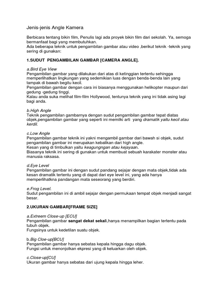 Jenis-Jenis Angle Kamera | PDF