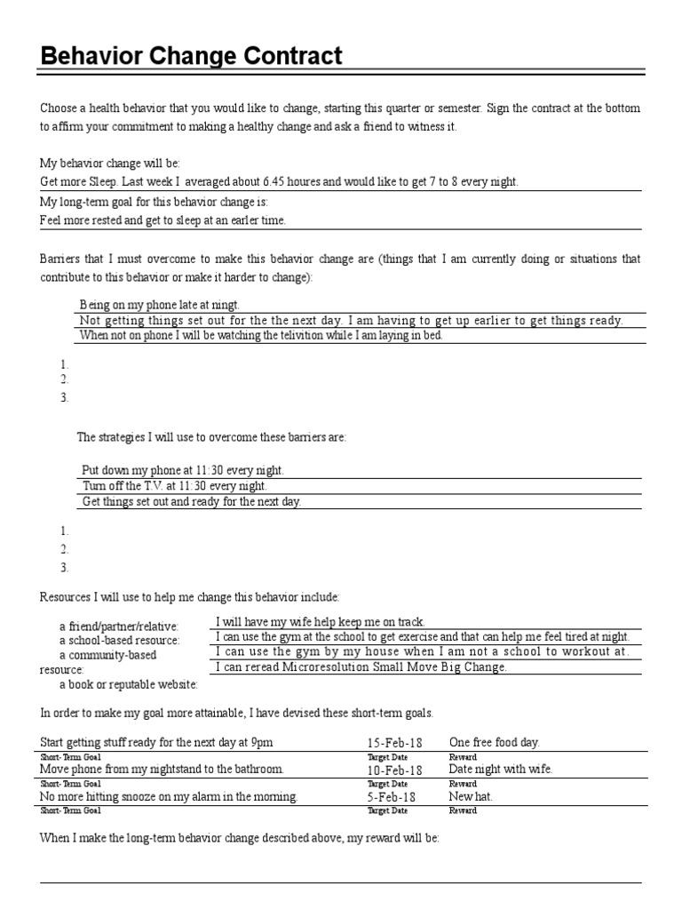 Behavior Change Contract | PDF | Goal | Behavior Modification