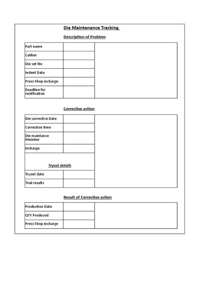 Die Maintenance Tracking Sheet | PDF