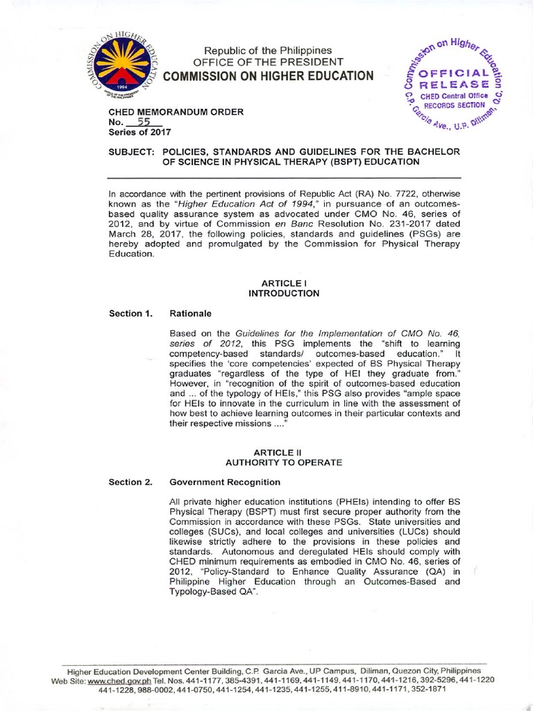 CMO 55 s 2017 - BS Physical Therapy