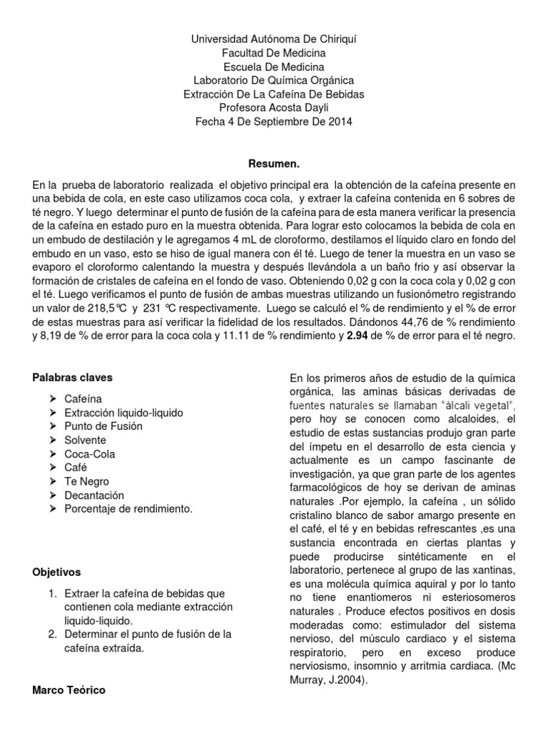 Segundo Laboratorio De Q Organica Extracción De Cafeína Pdf
