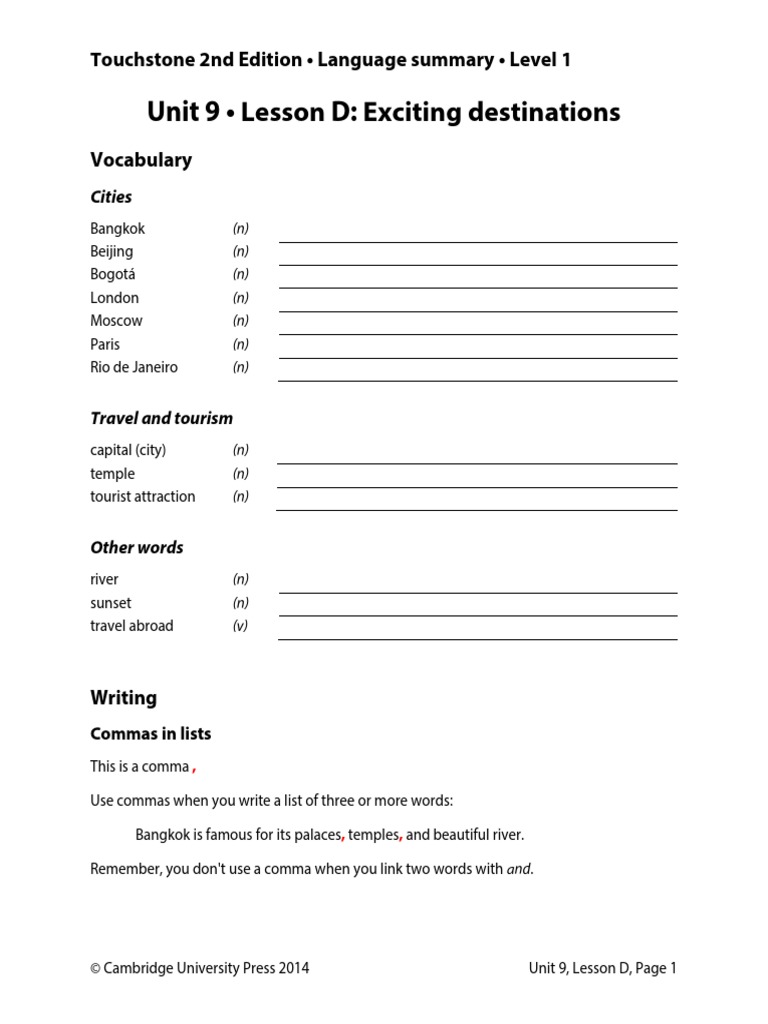 Unit 9 - Lesson D: Exciting Destinations: Touchstone 2nd Edition - Language Summary - Level 1 | PDF