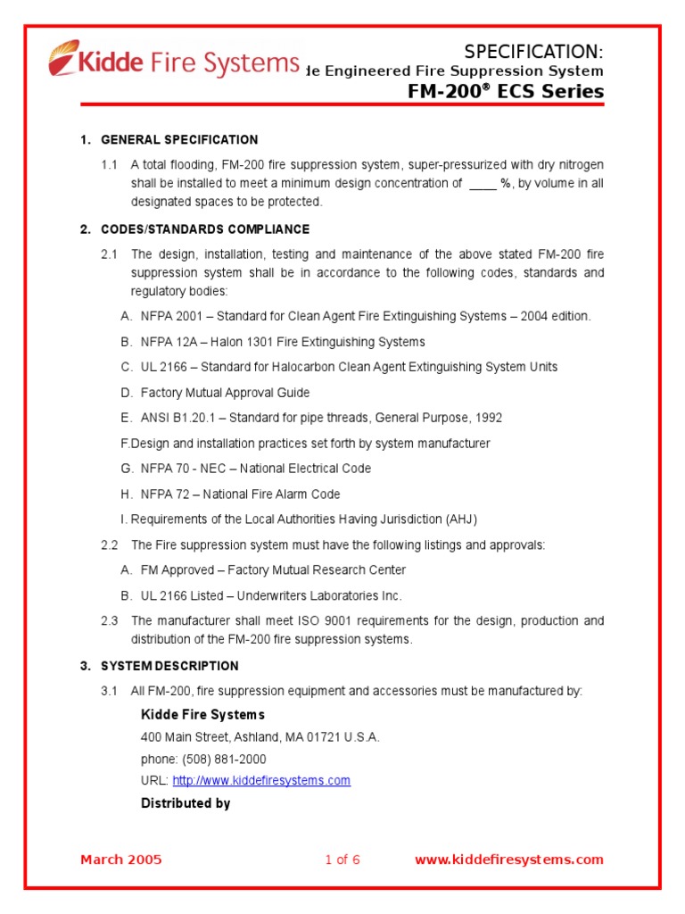 Spec For FM 200 Kidde Systems | PDF | Valve | Pipe (Fluid Conveyance)
