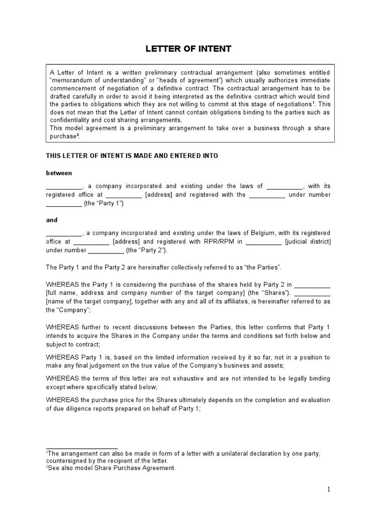 Letter of Intent | PDF | Due Diligence | Indemnity