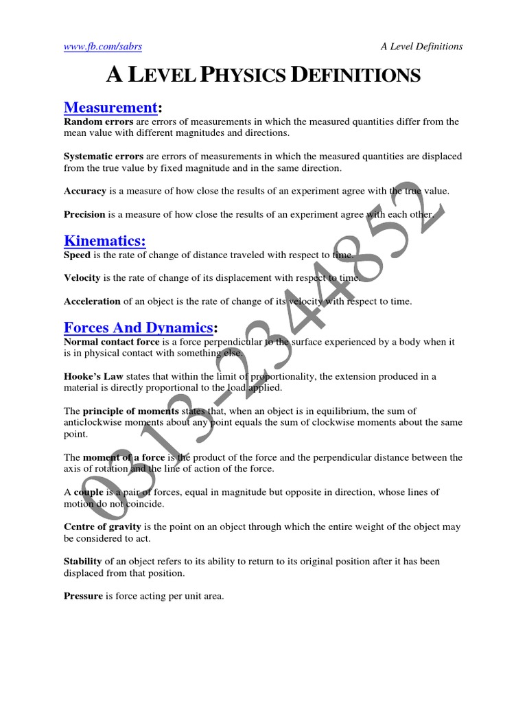 A Level Physics Definitions (As) | PDF | Buoyancy | Force