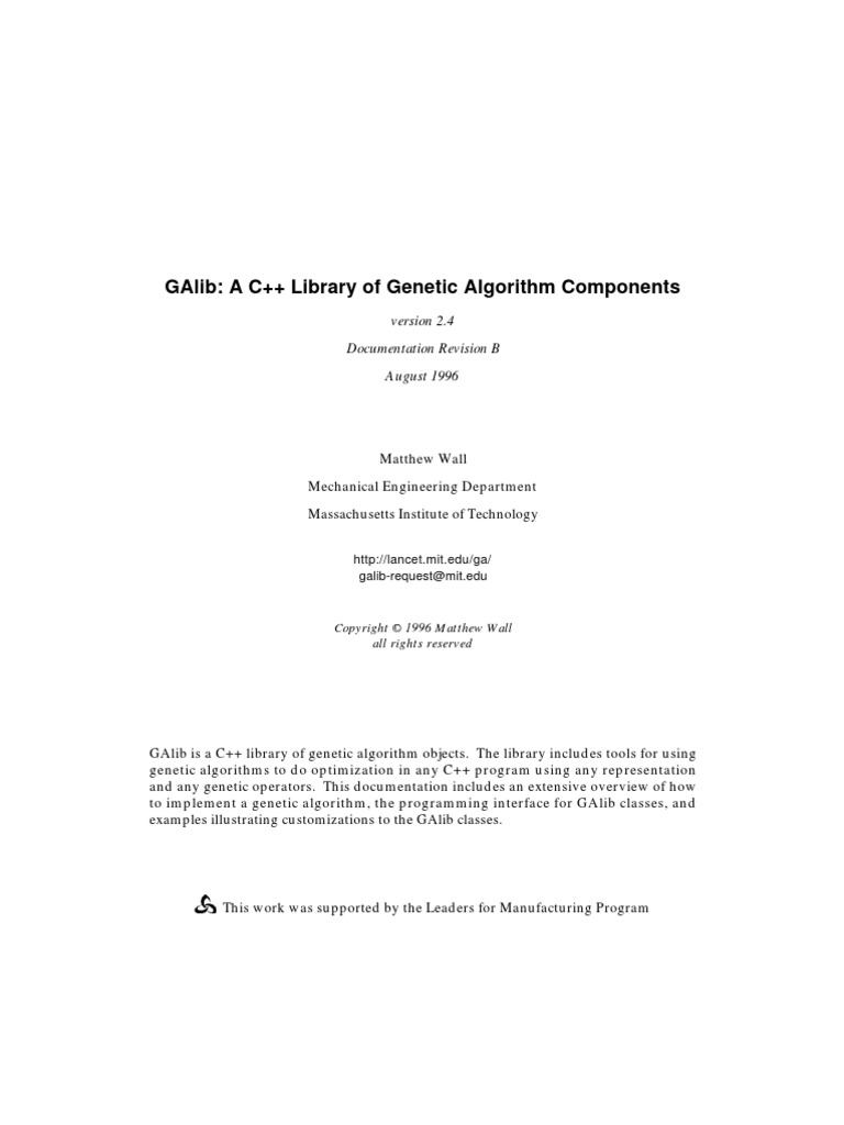 Galib: A C++ Library of Genetic Algorithm Components: Documentation Revision B August 1996 | PDF