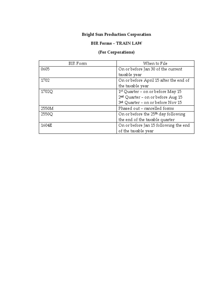 Bright Sun Production Corporation Bir Forms - Train Law (For ...