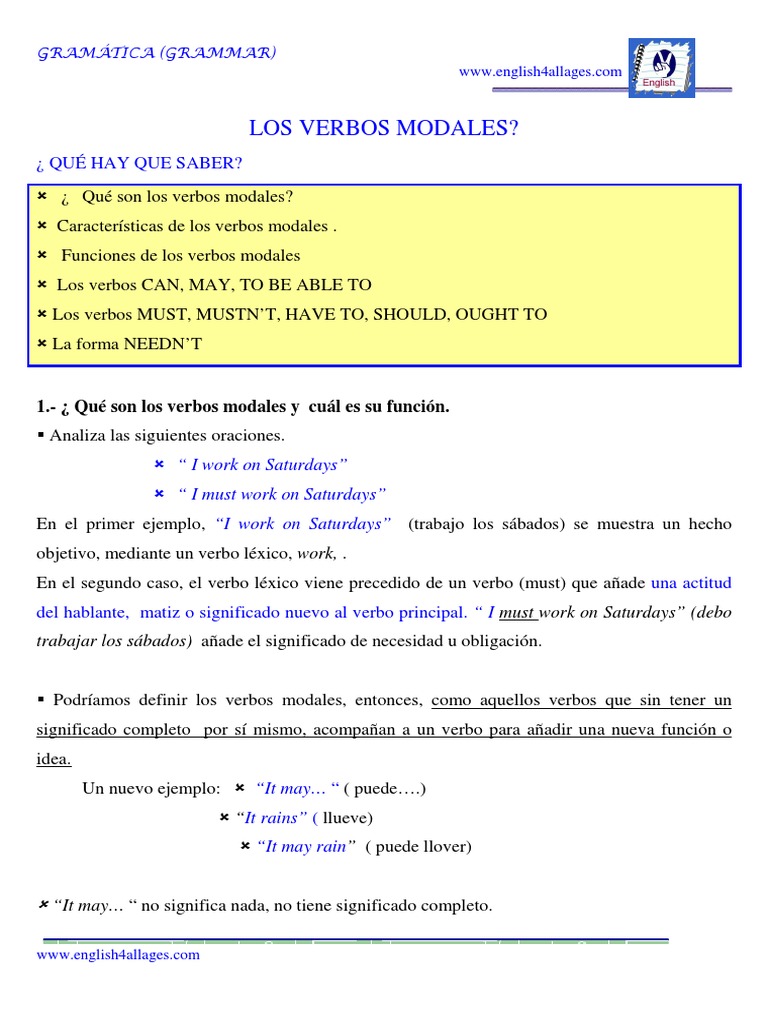 Verbos - Modales. 1 - Parte PDF | PDF | Verbo | Oración (Lingüística)