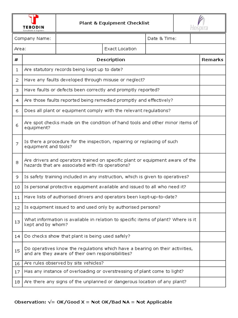 4 Plant & Equipment Checklist - Docx-1 | PDF | Safety | Business