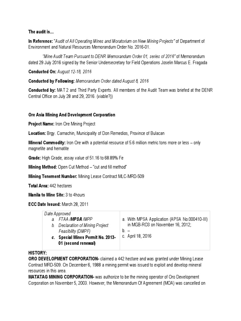 "Mine Audit Team Pursuant To DENR Memorandum Order 01, Series of 2016 ...