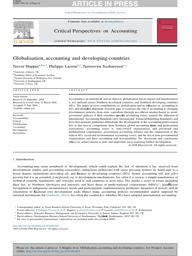 Critical Perspectives On Accounting: Globalisation, Accounting and ...