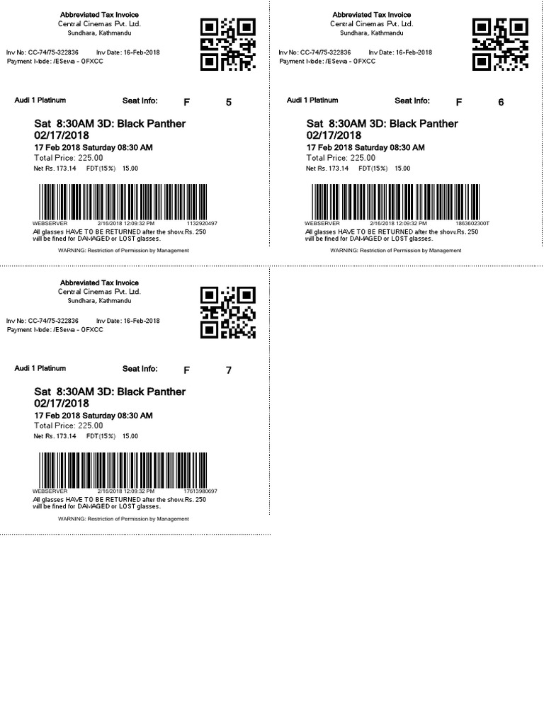 Abbreviated Tax Invoice for Movie Tickets from Central Cinemas Pvt. Ltd ...
