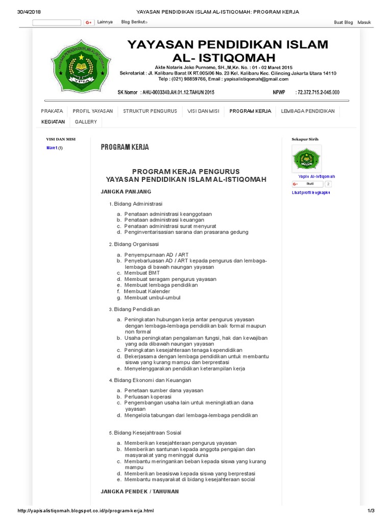 Program Kerja Yayasan Pendidikan Islam | PDF | Karier & Perkembangan