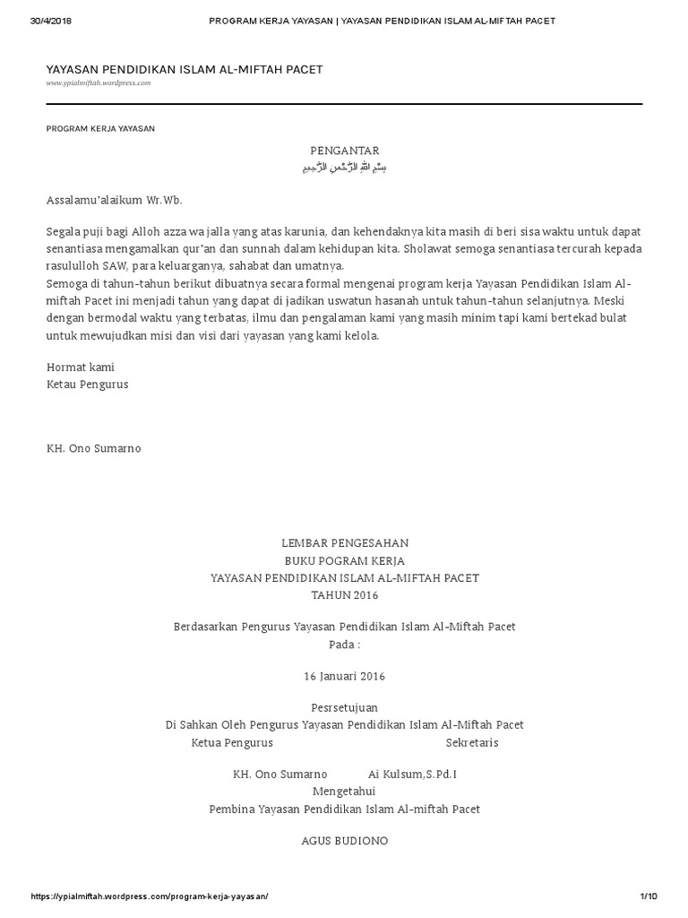 Program Kerja Yayasan - Yayasan Pendidikan Islam Al-Miftah Pacet | PDF