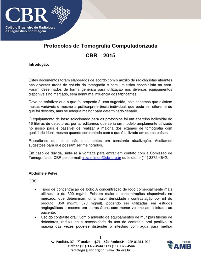 Protocolos de Tomografia CBR 2015 | PDF | Tomografia computadorizada | Veia