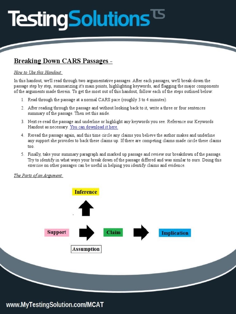 Breaking Down CARS Passages Handout | PDF | Argument | Organ ...