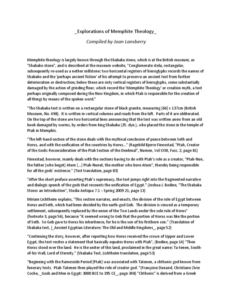 Explorations of Memphite Theology - Compiled by Joan Lansberry | PDF ...