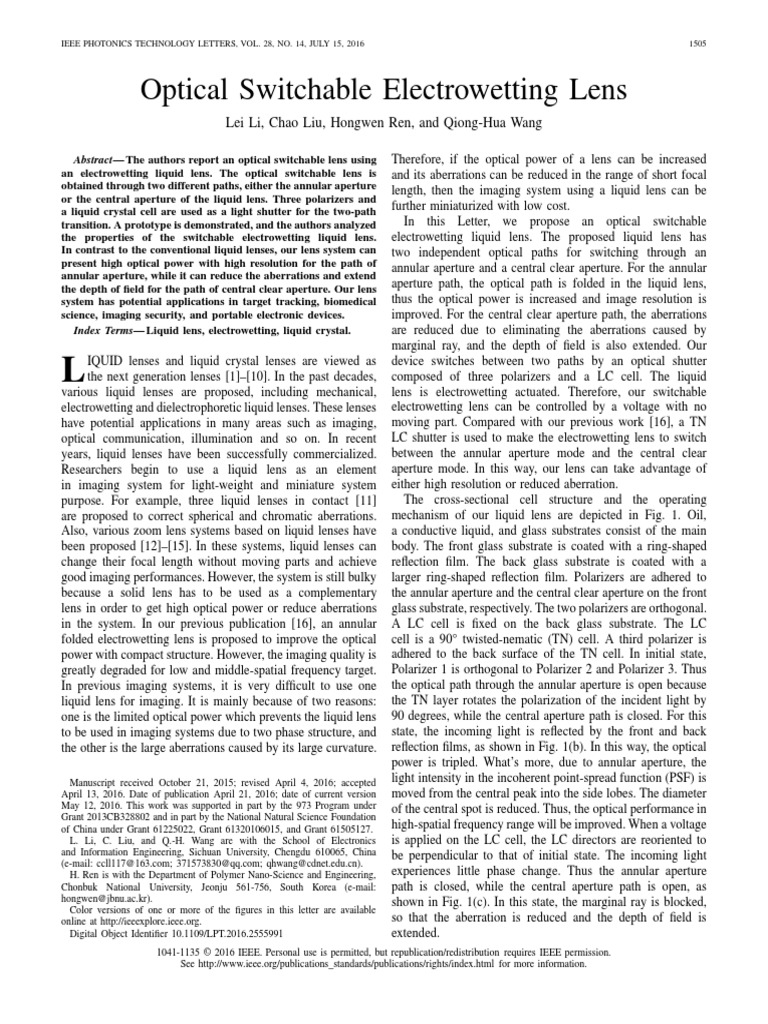 Optical Switchable Electrowetting Lens: Lei Li, Chao Liu, Hongwen Ren, and Qiong-Hua Wang | PDF ...