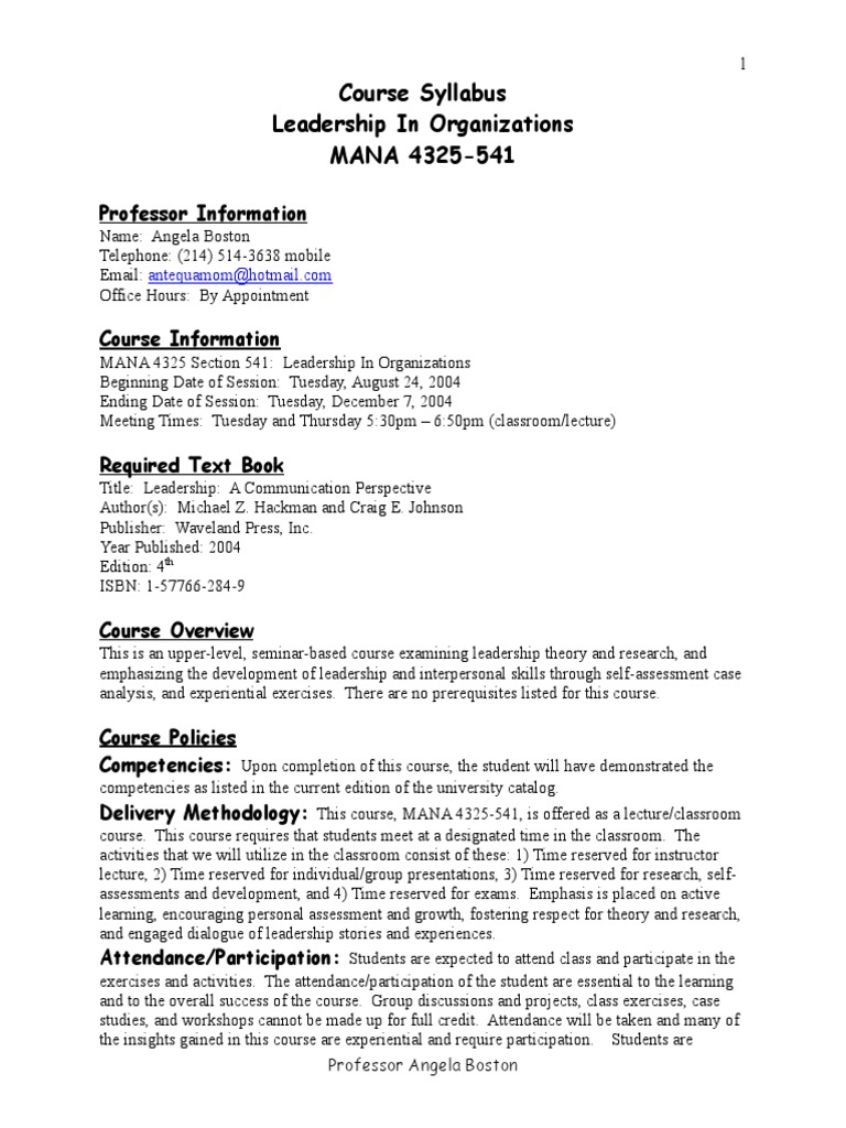 MANA 4325-541 AB Course Syllabus | PDF | Leadership | Plagiarism