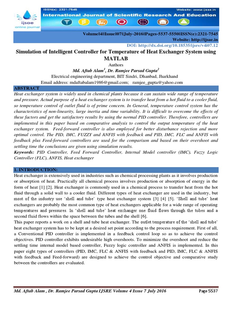 Simulation of Intelligent Controller For Temperature of Heat Exchanger System Using Matlab | PDF ...