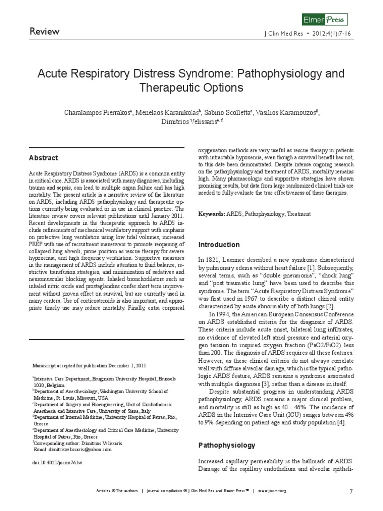 Acute Respiratory Distress Syndrome: Pathophysiology and Therapeutic ...