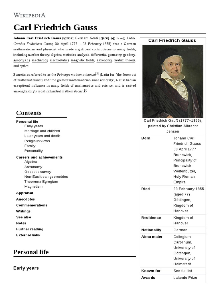 Carl Friedrich Gauss | PDF | Teaching Mathematics | Science